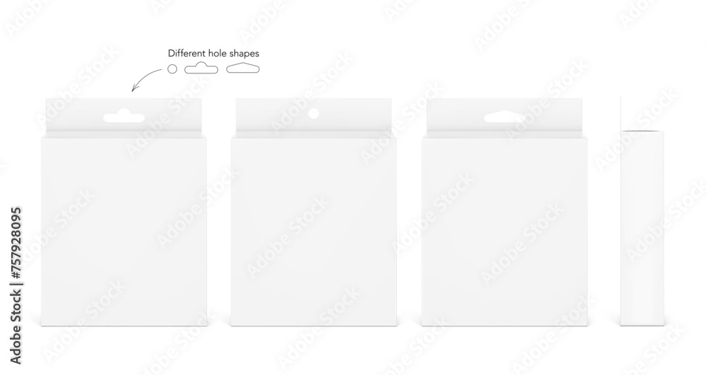 Hanging packaging box mockup for electronic and mobile accessories. Front and side views. Vector ...