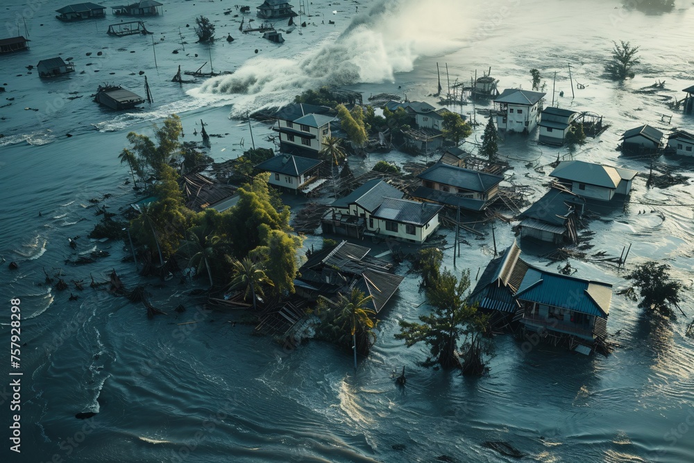 A tsunami flooding an island uprooting trees and destroying homes ...