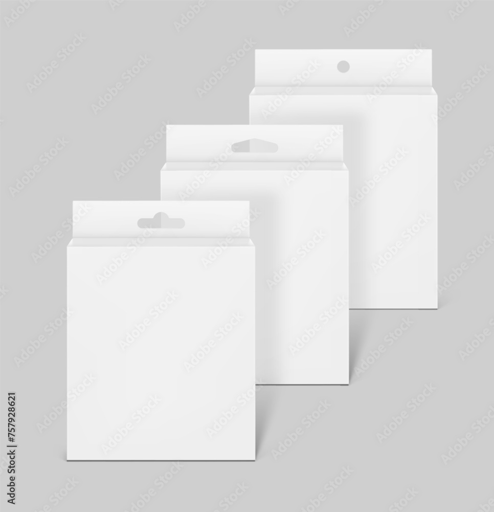 Hanging packaging box with hang slot mockup for electronic and mobile accessories. Front views ...