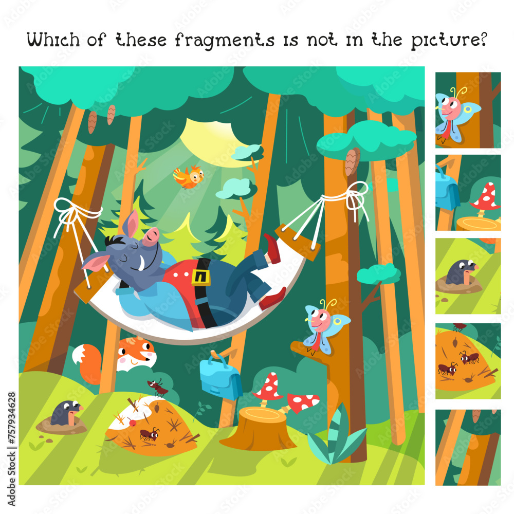 Find hidden fragments in picture. Educational game for kids. Cartoon ...