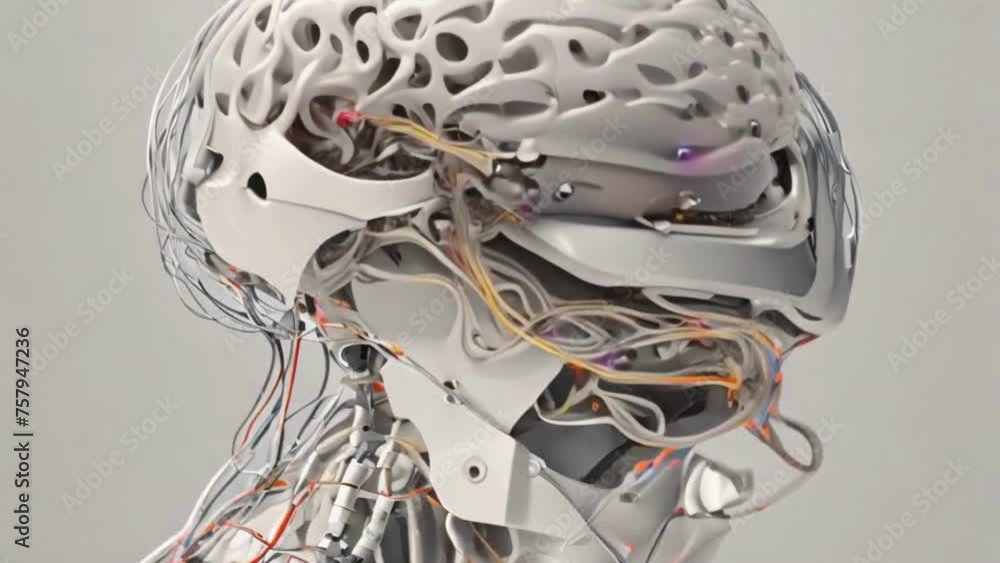 Close-up shots of a neural interface device connecting directly to the ...