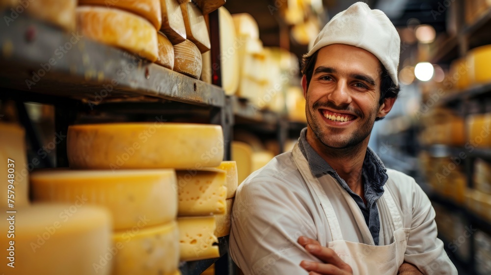 Content cheese maker in maturation room with shelves of aging cheese ...