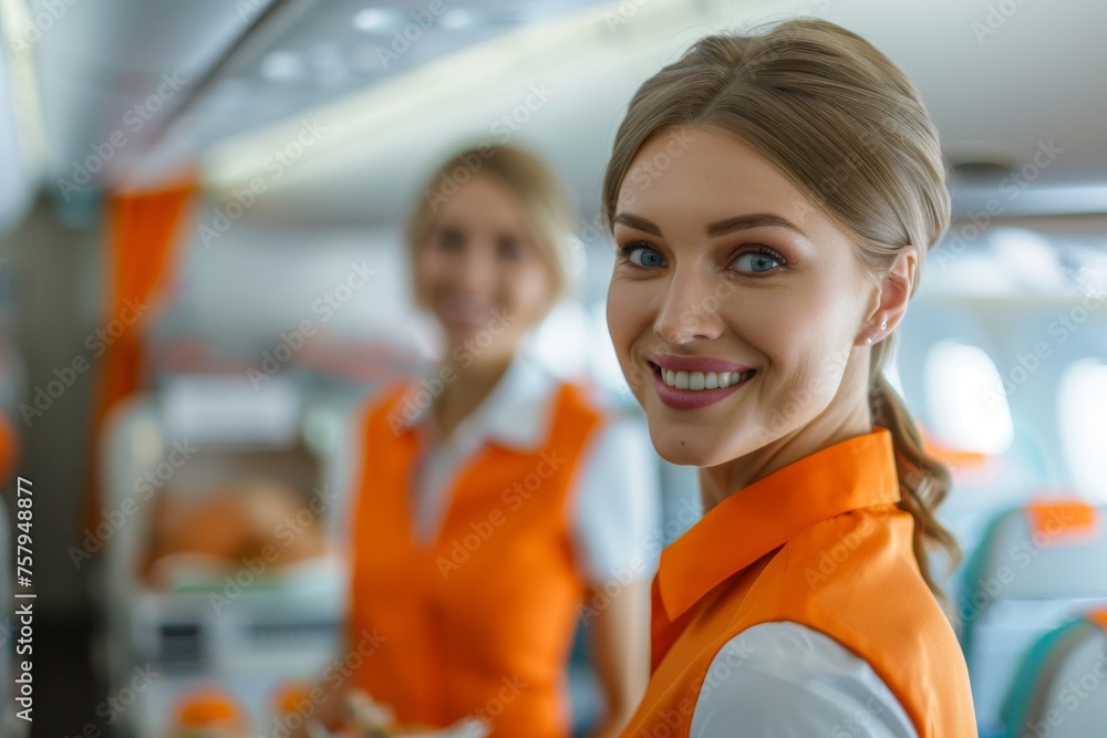 Professional flight attendants in orange uniforms preparing the cabin ...