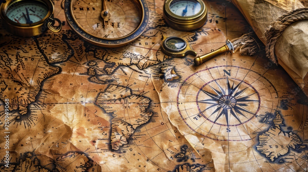 Adventure illustrated by an old-world map marked with destinations and ...