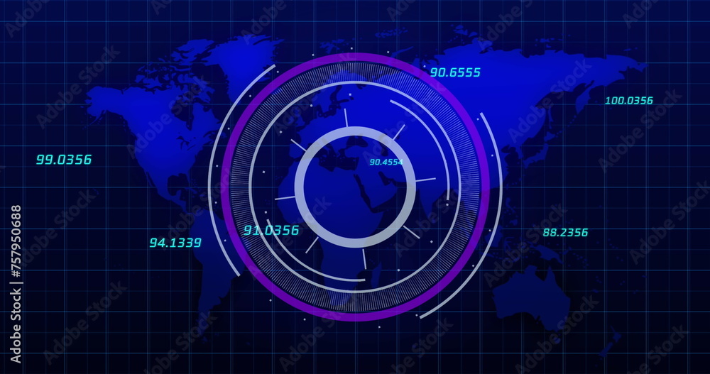 Round scanner and multiple numbers floating over world map against blue ...