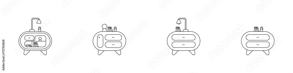 Set of linear editable bedside table vector icons. Contour logo of the ...