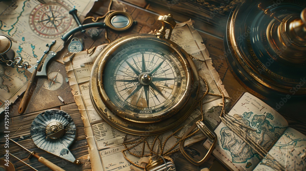 Curiosity illustrated by an antique compass surrounded by old maps and ...