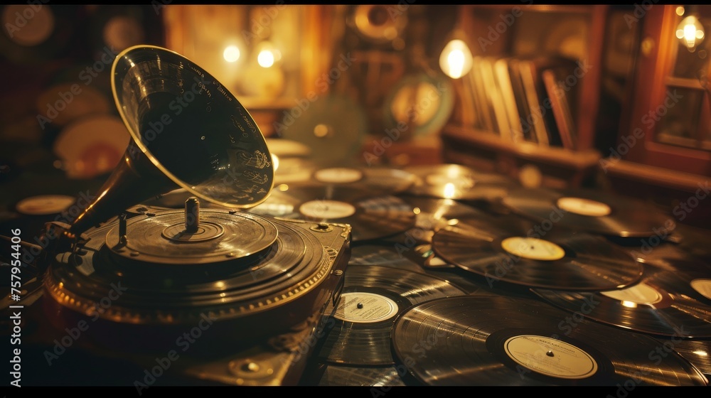 Nostalgia captured by a vintage gramophone with scattered vinyl records ...