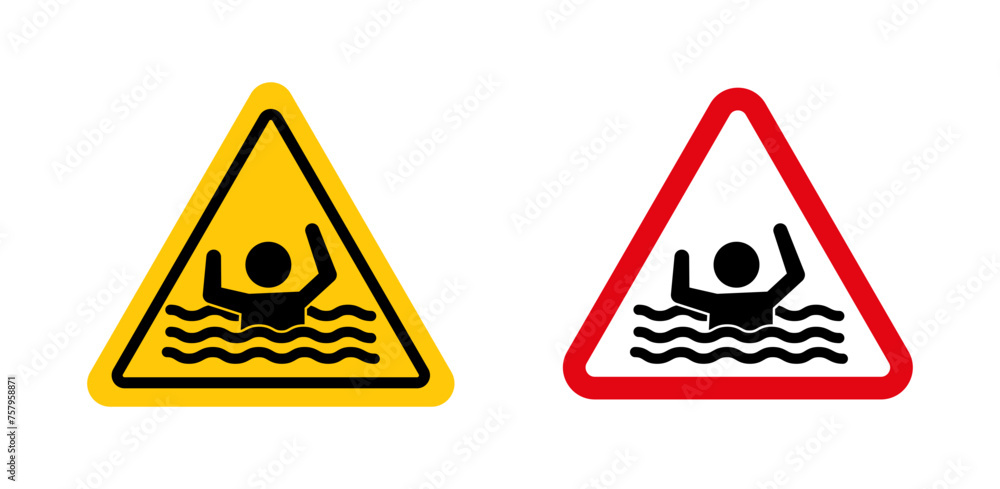 Risk of drowning warning sign. deep water beware hazard symbol ...