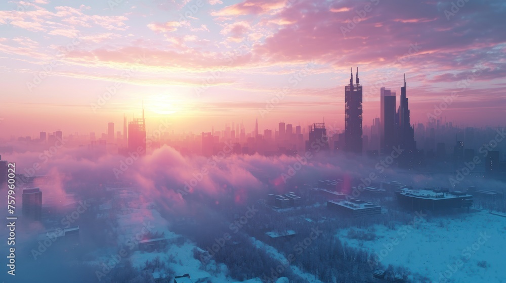 Cold winter with heavy snow of a futuristic city with modern skyscraper ...