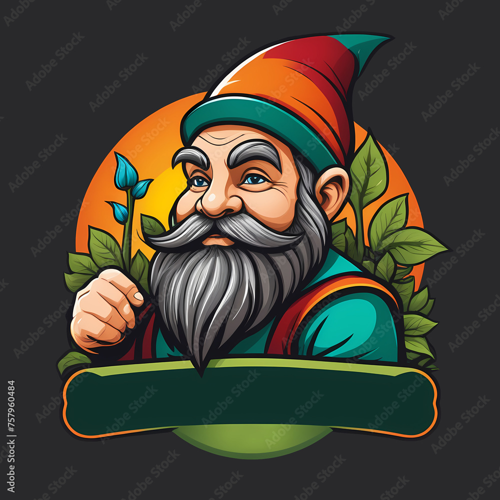 Drawn logotype emblem of a gardener old man or garden gnome with ...