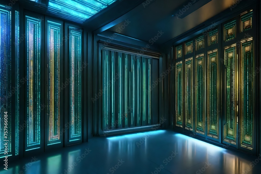 A futuristic sliding door with holographic patterns opens to reveal a ...