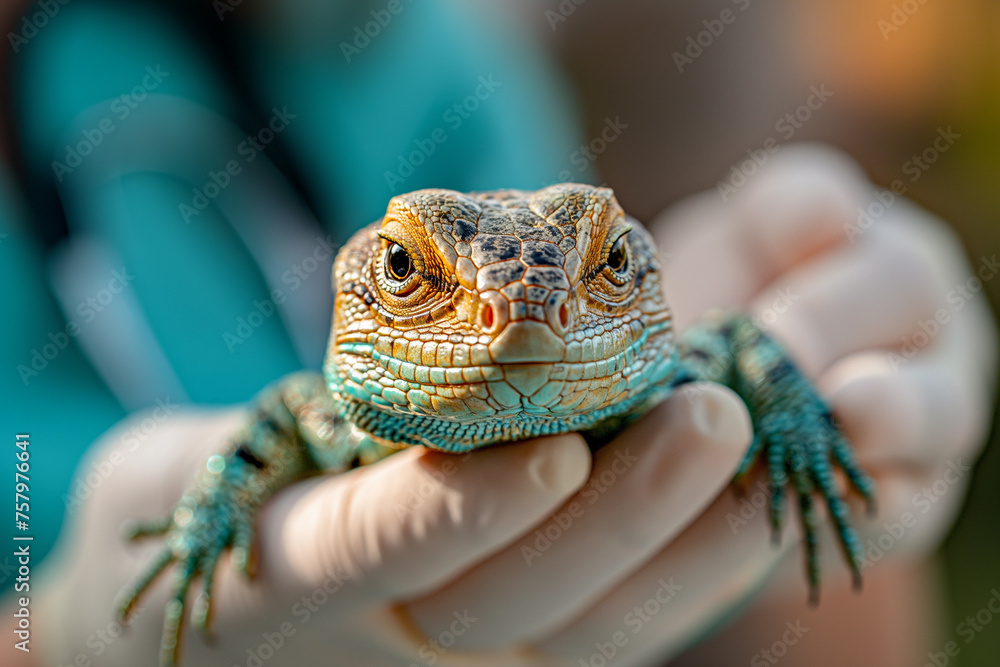 Veterinarian with a lizard in her veterinary office during a routine ...