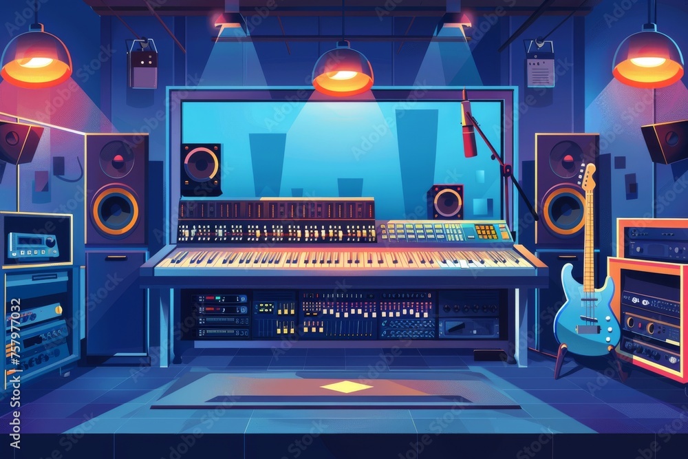 Modern cartoon interior with guitar, synthesizers, audio mixers ...
