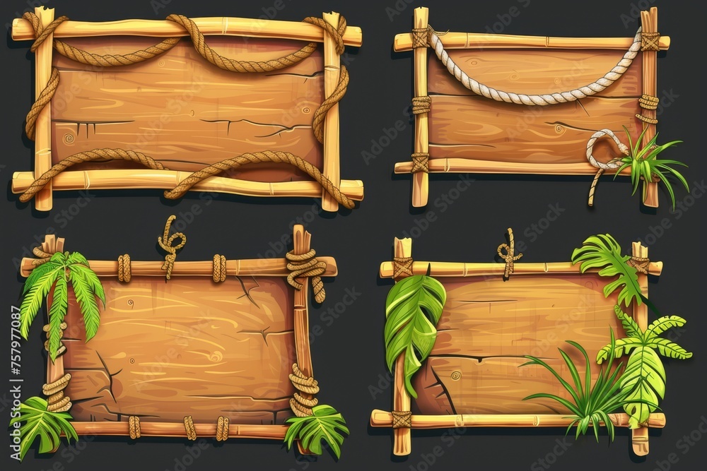 The graphic shows a wooden bamboo sign board frame with ropes on sticks ...