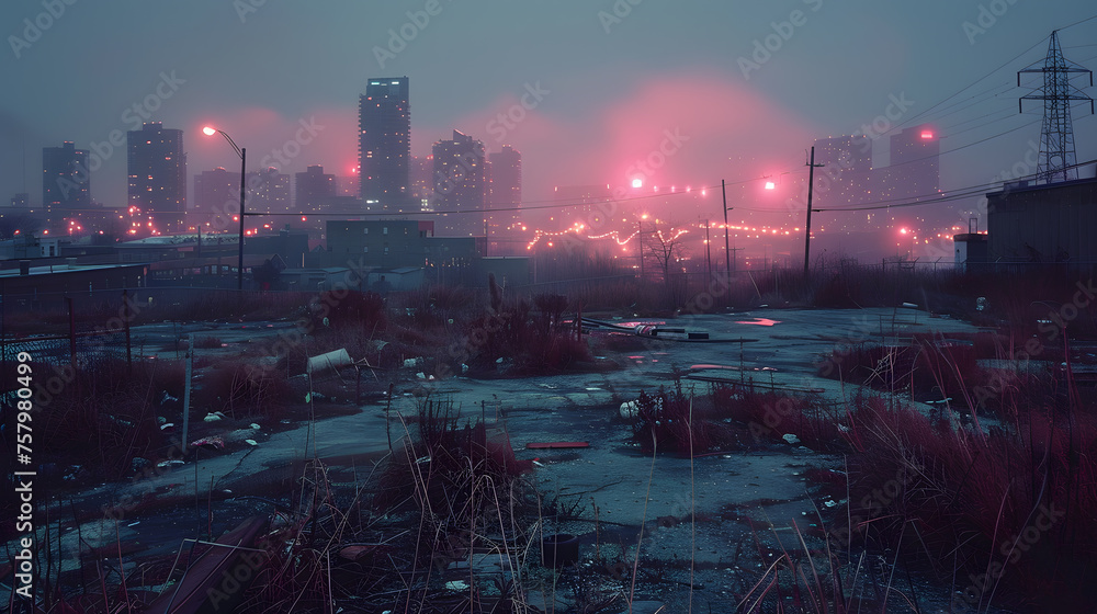 sweeping ground level view of vacant lot in poor neighborhood at night ...