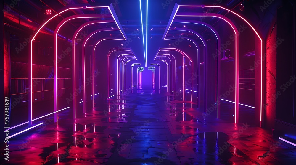 Neon lights paint the night with an otherworldly glow, casting shadows ...