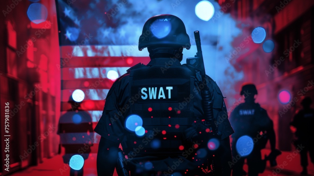 Special police force SWAT tactical team soldier with US national flag ...