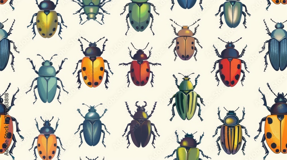 Detailed modern illustration of beetles, a seamless pattern design of ...