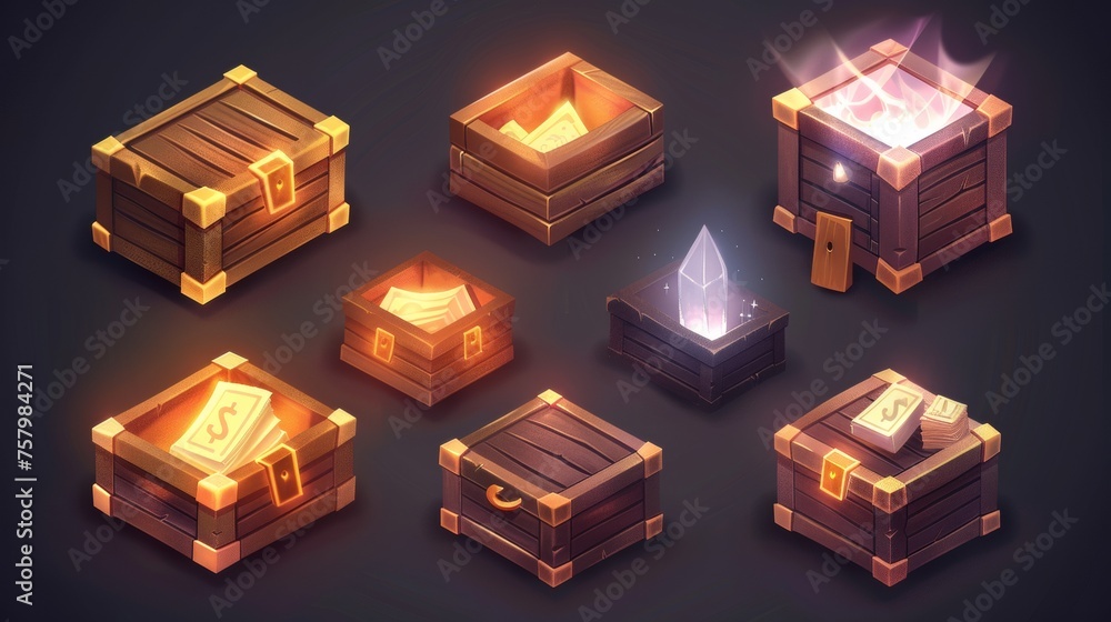 For game GUI design, this modern cartoon set shows two open and closed ...