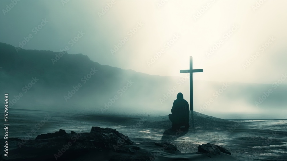 Solitary figure in contemplation at a cross, shrouded in mist on an ...