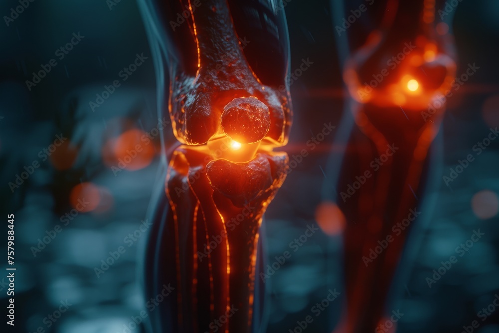 The image artistically represents a knee joint with a glowing red ...
