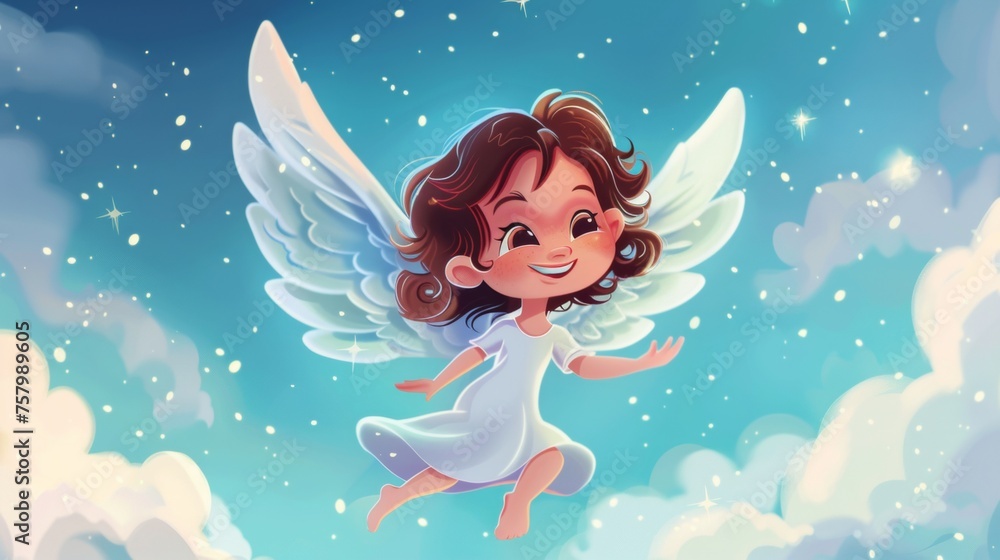 Cute cartoon character angel with wings flying in sky Stock ...