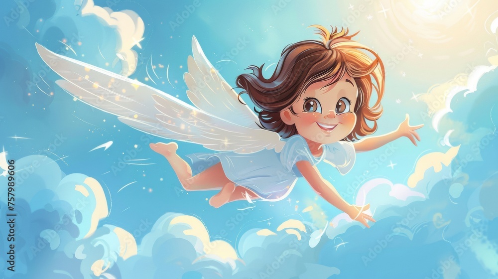 Cute cartoon character angel with wings flying in sky Stock ...