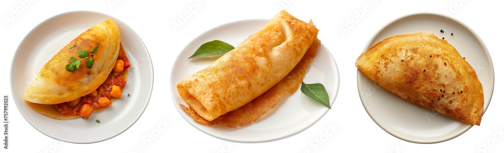 Set of Masala Dosa rolls in plate with garnish isolated top view on ...