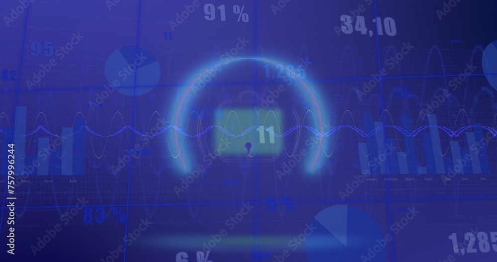 Image of padlock in circle over multiple graphs with changing numbers against blue background ...