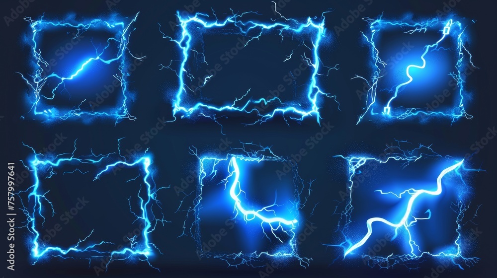 Isolated photoframes with lightning impact, magical energy flash ...