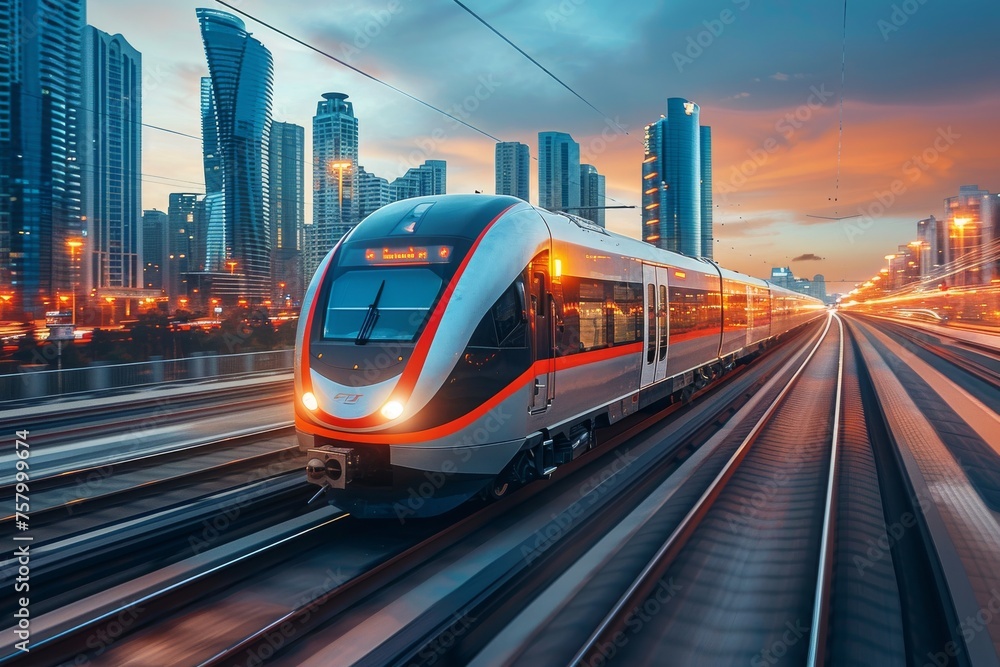 An advanced modern train in motion streaks past towering skyscrapers ...
