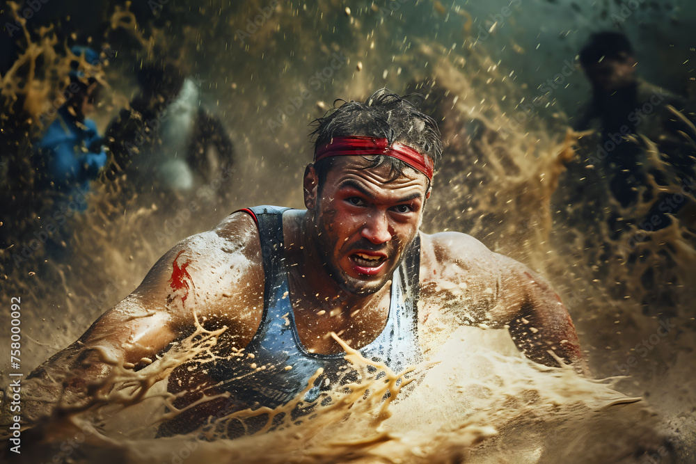 Foto de Athlete Overcoming Obstacle Course Challenge. An intense moment ...