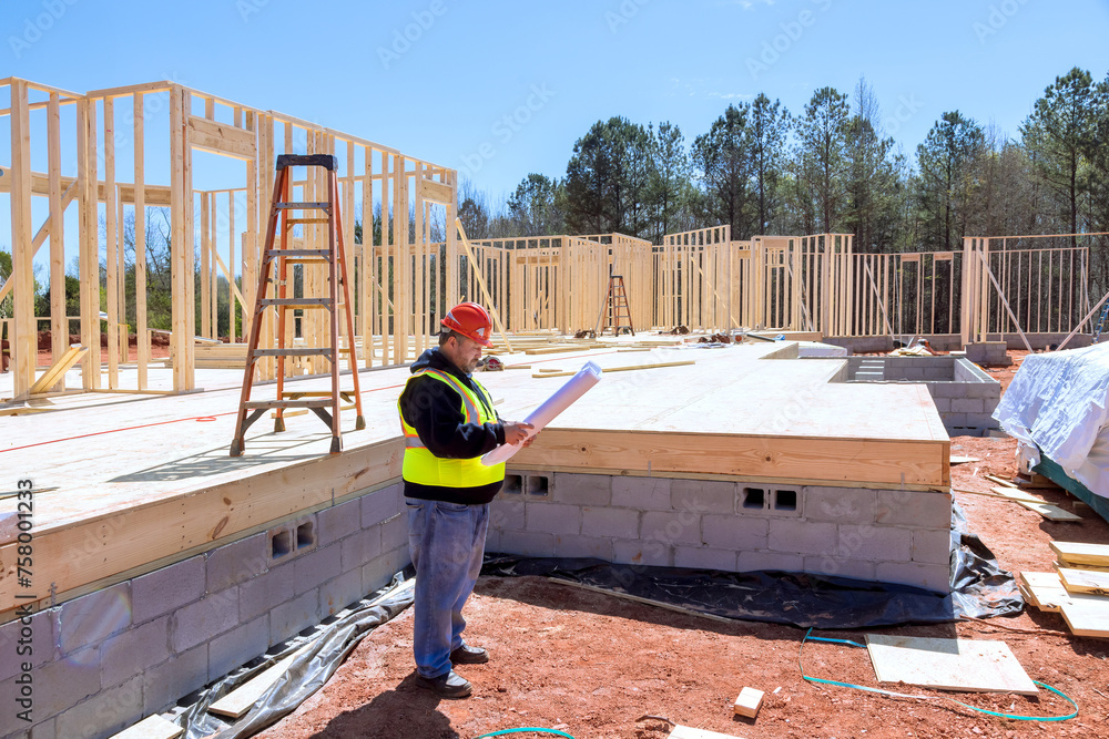 Construction inspector used blueprints to verify quality of work being ...