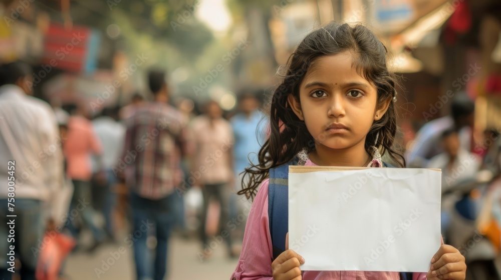 Indian young girl standing alone on the crowded street, serious face ...