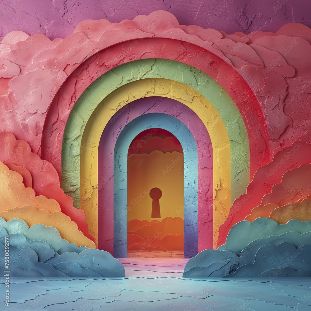A rainbow arching through a keyhole on a pastel backdrop symbolizes ...