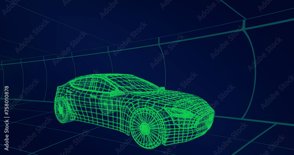 Image of 3d technical drawing of a car in green, with moving grid in ...