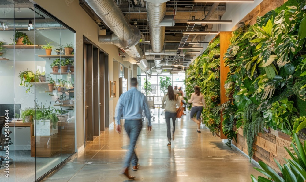 Employees bustle around the green office, demonstrating the startup's ...