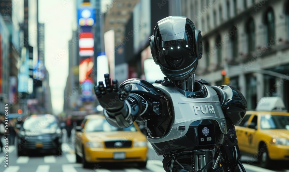 Humanoid robot dressed as a police officer directs traffic in a busy ...