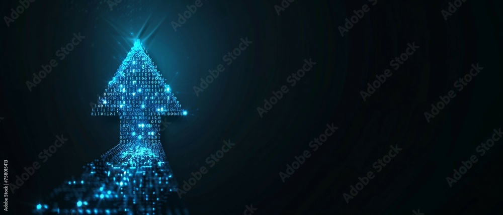 digital arrow pointing upwards shaped by vibrant blue matrix binary ...