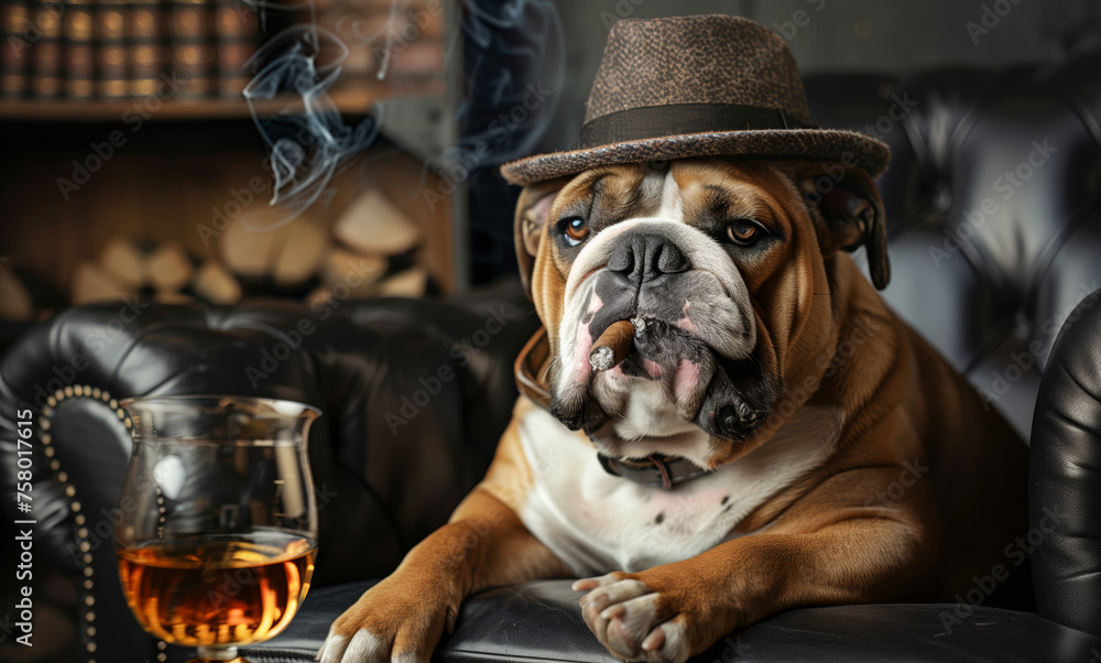 Cool dog smoking cigars in a smoker's lounge: Bulldog sitting on a sofa ...