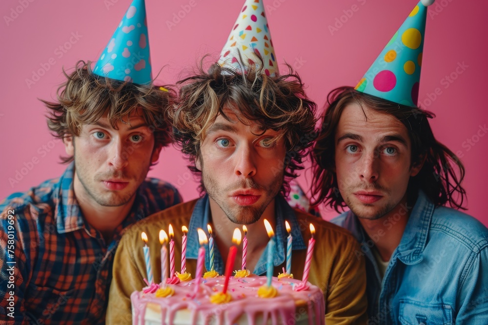 Trio of men wearing party hats and a stern expression with a pink ...