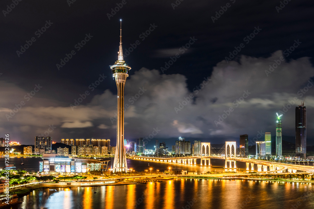 Macau- July 29, 2019: Beautiful night view of Macau Tower and Sai Van ...