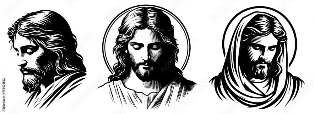 Vecteur Stock portraits of a sad Jesus Christ, gaze downward, black ...