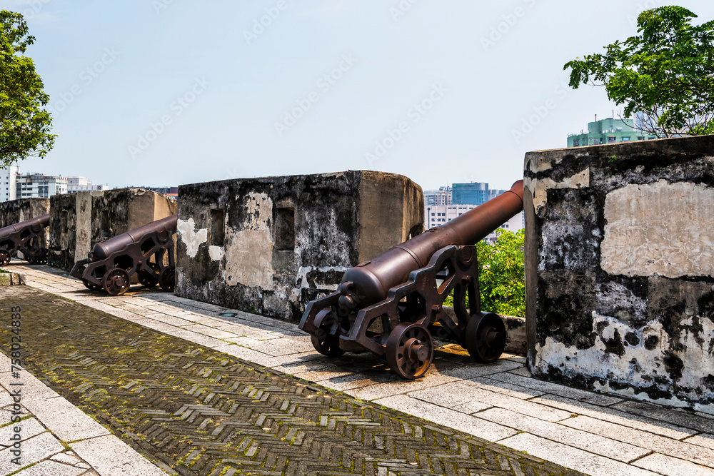 Macau- September 18, 2019: Replica cannon and defense wall of Mount ...