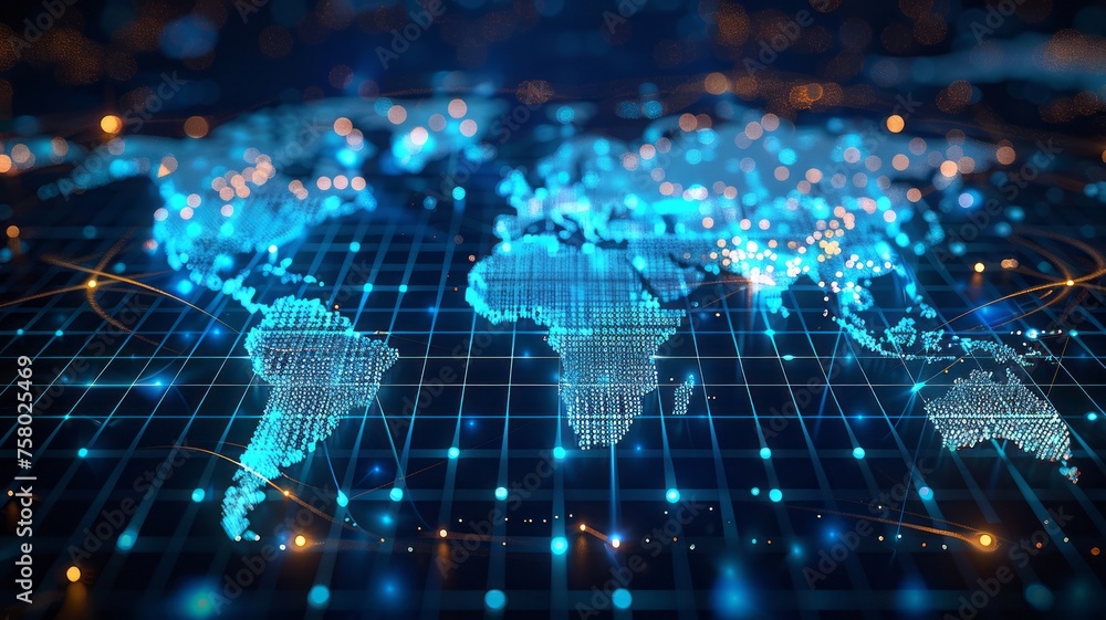 digital world map with electric pulses and vivid blue hues Stock ...