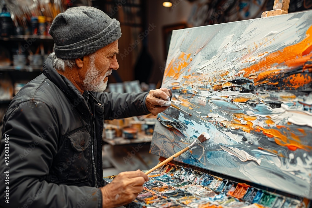 Artist in a studio creating an abstract painting, a moment caught ...
