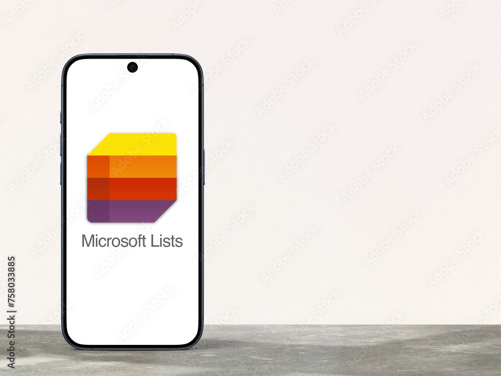 Microsoft Lists logo is displayed on a modern smartphone, list ...