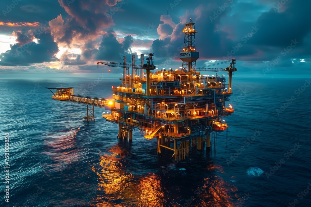 Illuminated Oil Rig Amidst Ocean Twilight. The lights of an oil rig ...
