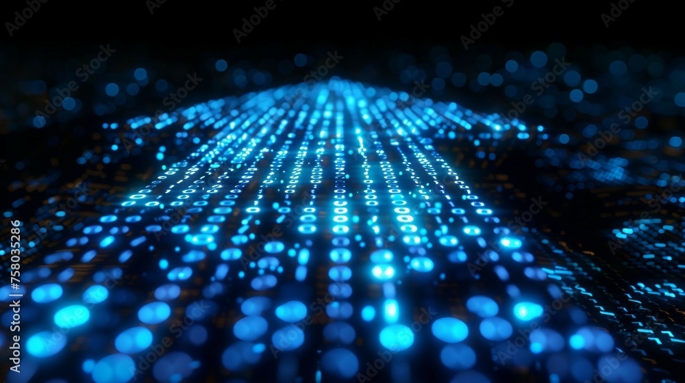 digital arrow pointing upwards shaped by vibrant blue matrix binary ...